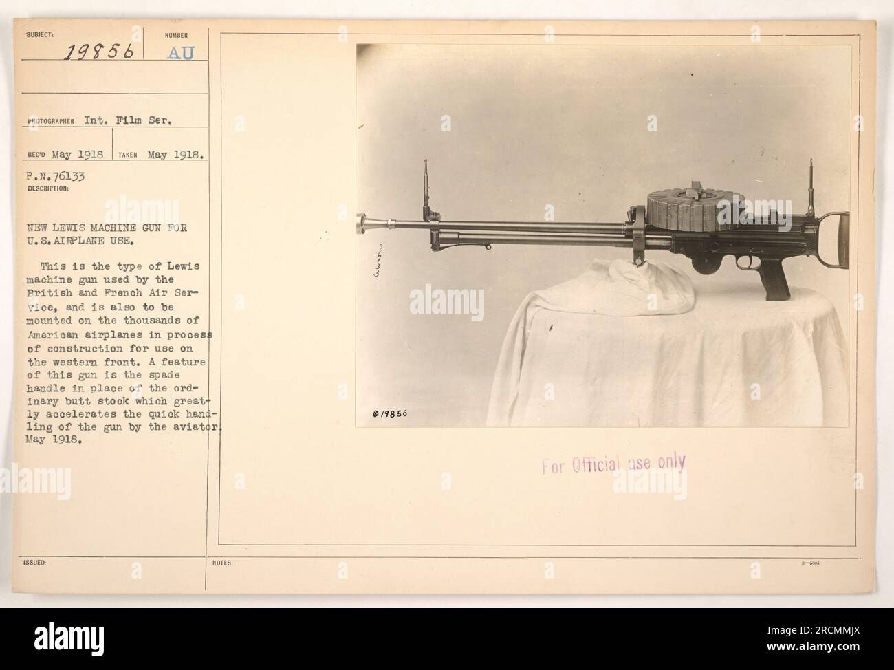 The image shows a Lewis machine gun designed for use on U.S. airplanes ...