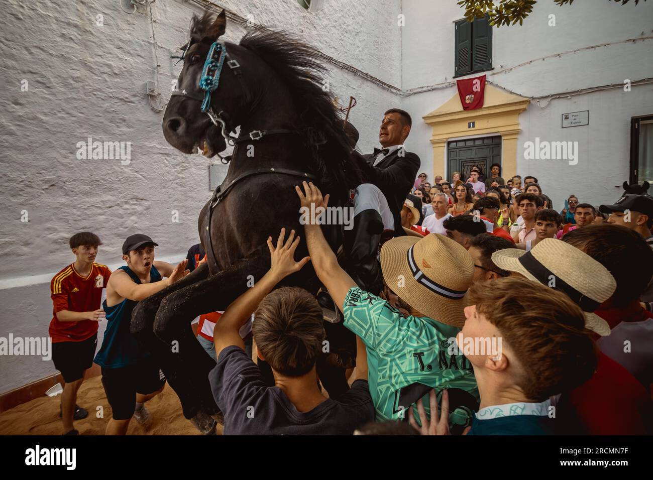 Es Mercadal, Spain. 15th July, 2023. A 'caixer' (horse rider) rears up ...