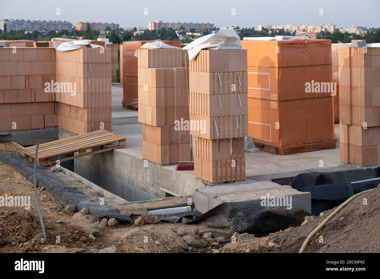 Construction site with new partitioning walls from thermo brick blocks ...