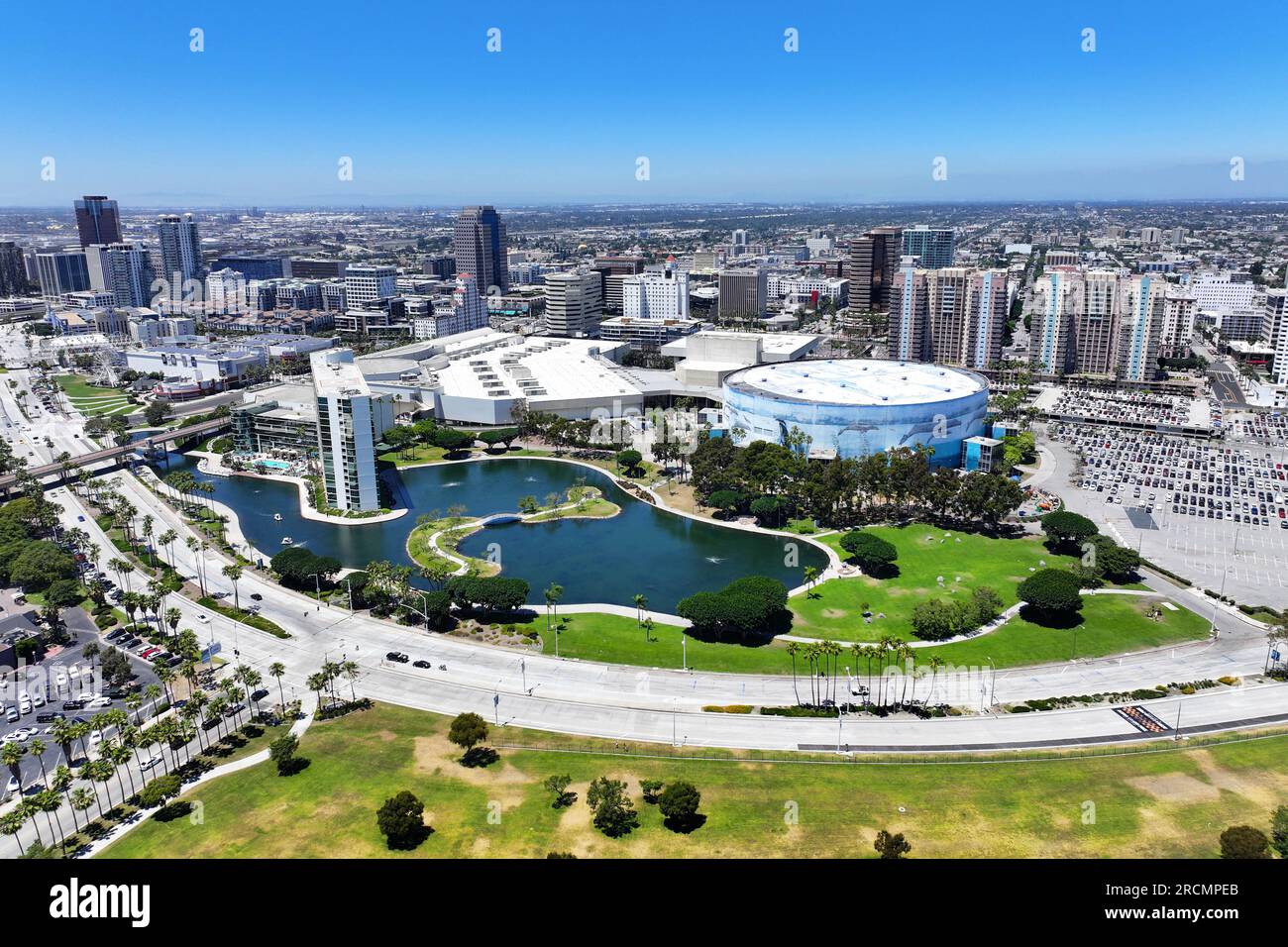 A general overall aerial view of the Long Beach Arena, Rainbow Lagoon Park and Shoreline Village ...