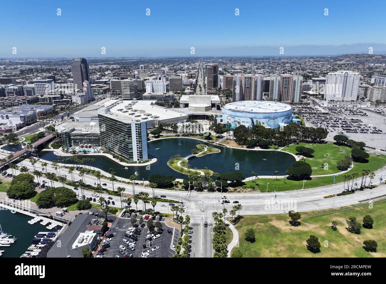 A general overall aerial view of the Long Beach Arena, Rainbow Lagoon ...