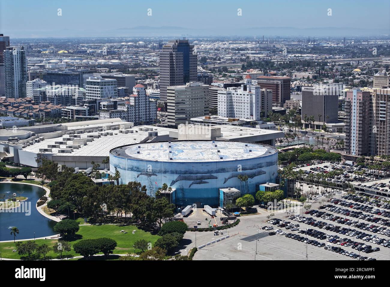A general overall aerial view of the Long Beach Arena and downtown ...