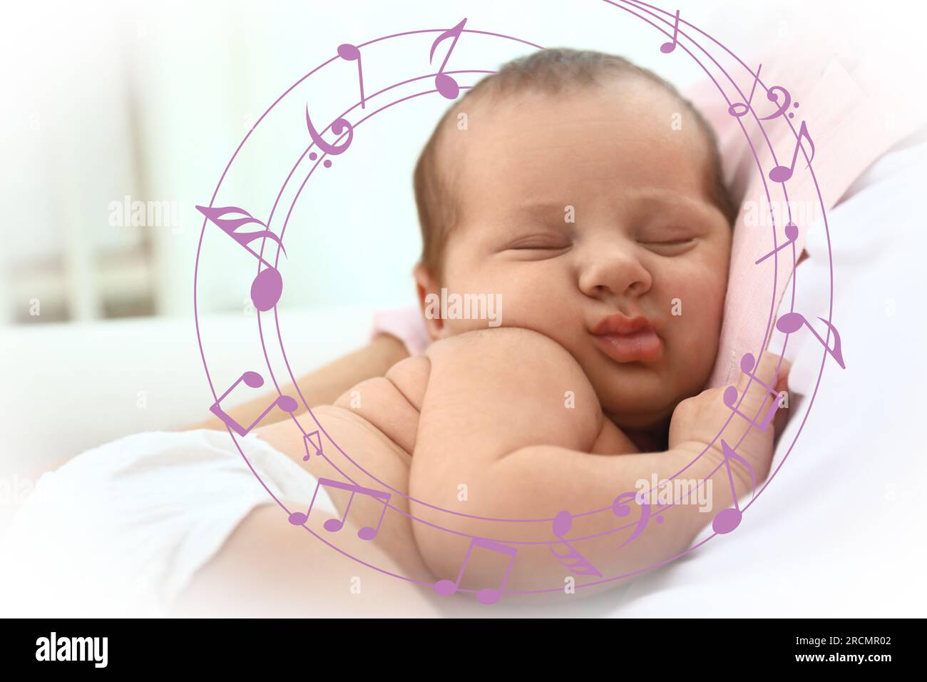 Lullaby songs. Baby sleeping in mother's arms at home, closeup ...