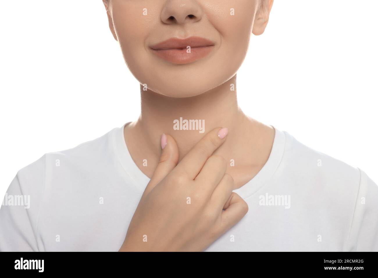 Endocrine system. Woman doing thyroid self examination on white ...