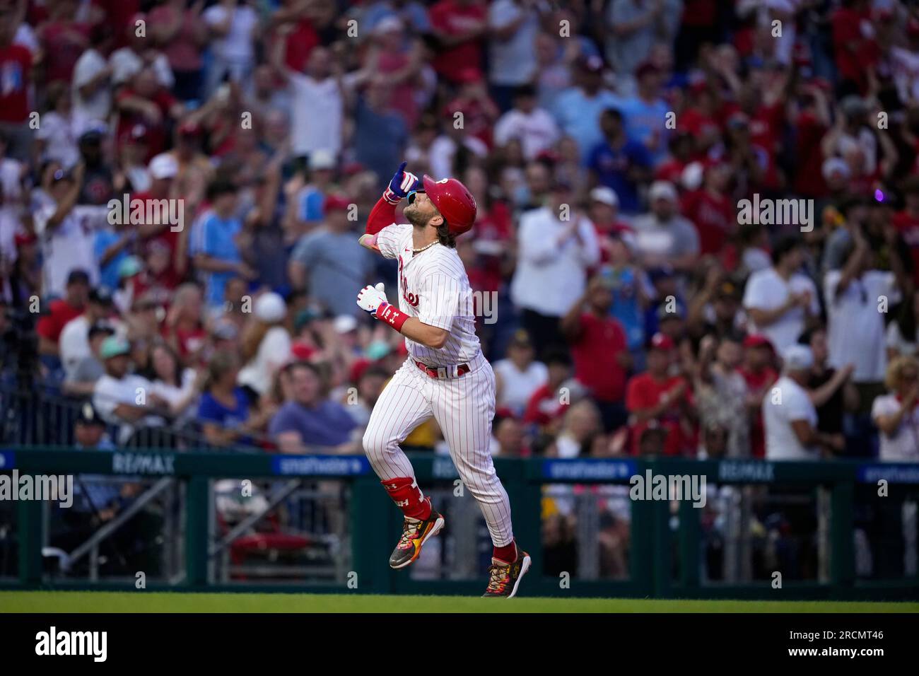 Philadelphia Phillies' Bryce Harper reacts after hitting a home run ...