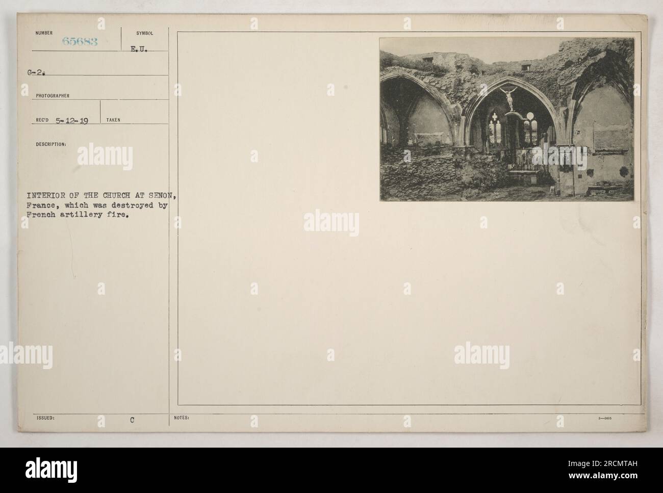 Interior of the church at Senon, France, destroyed by French artillery ...