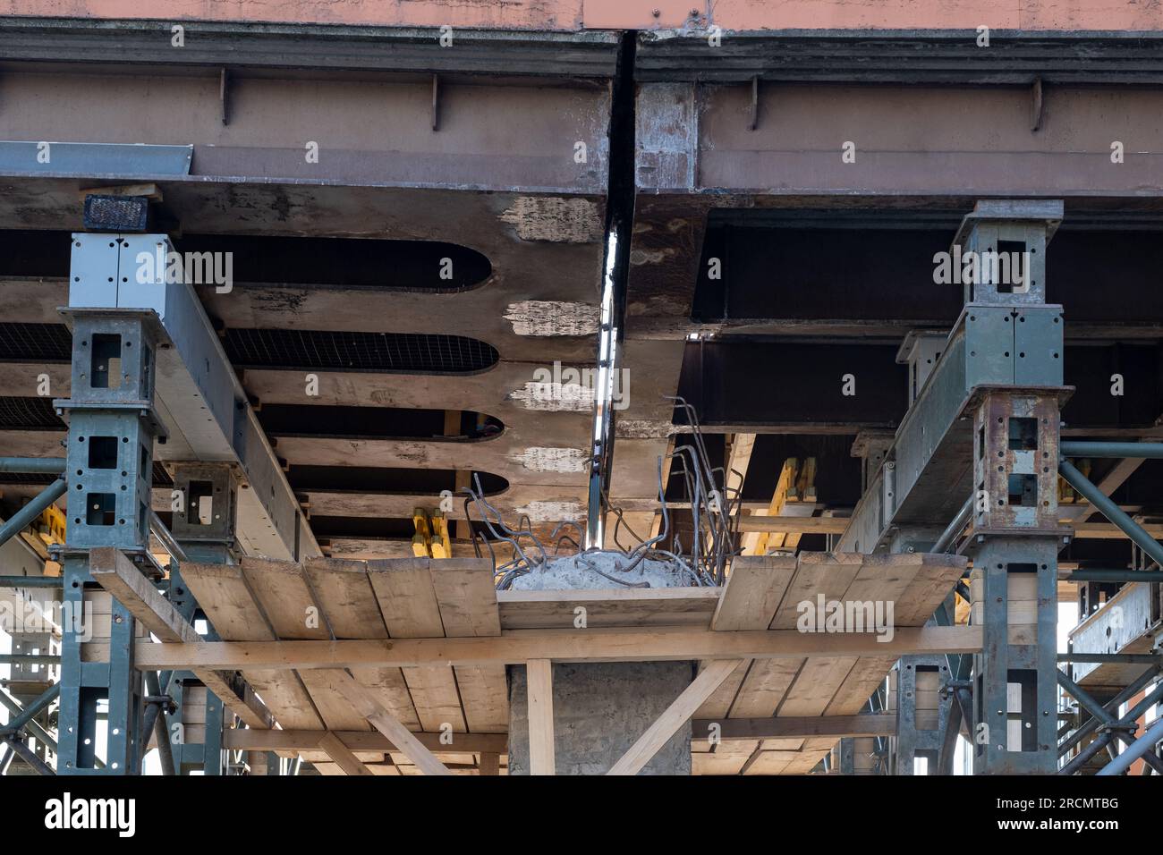 Scaffolding used for maintenance or restoration work on a bridge over a ...