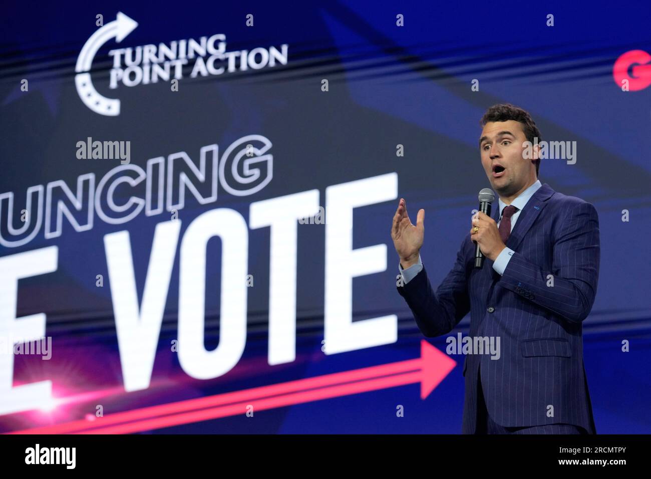Charlie Kirk, founder of Turning Point USA, speaks during the Turning Point Action conference ...