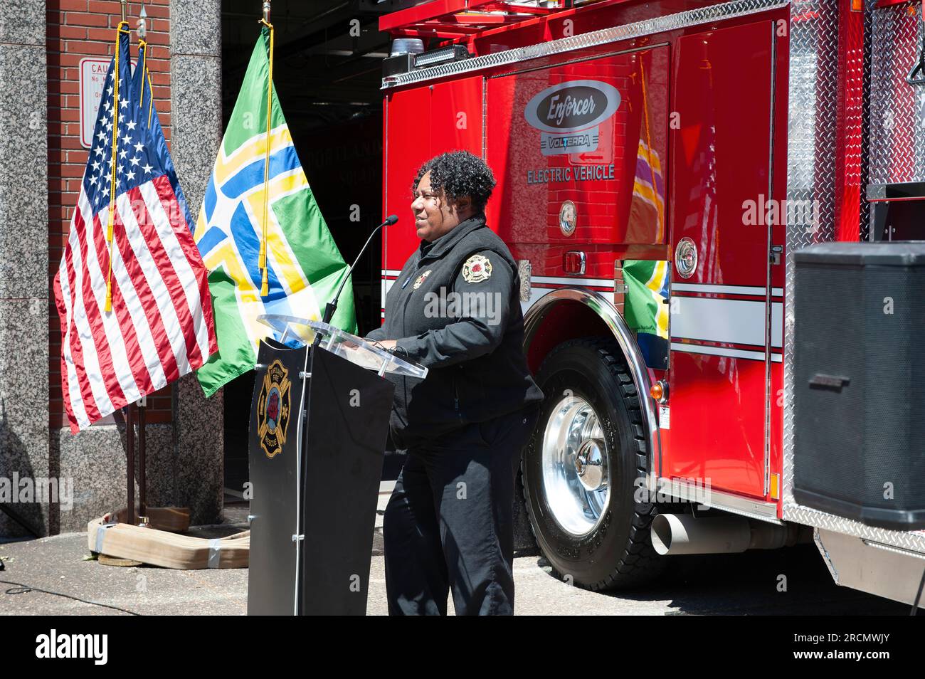 Portland Fire & Rescue Chief Sara Boone addresses media and guests ...