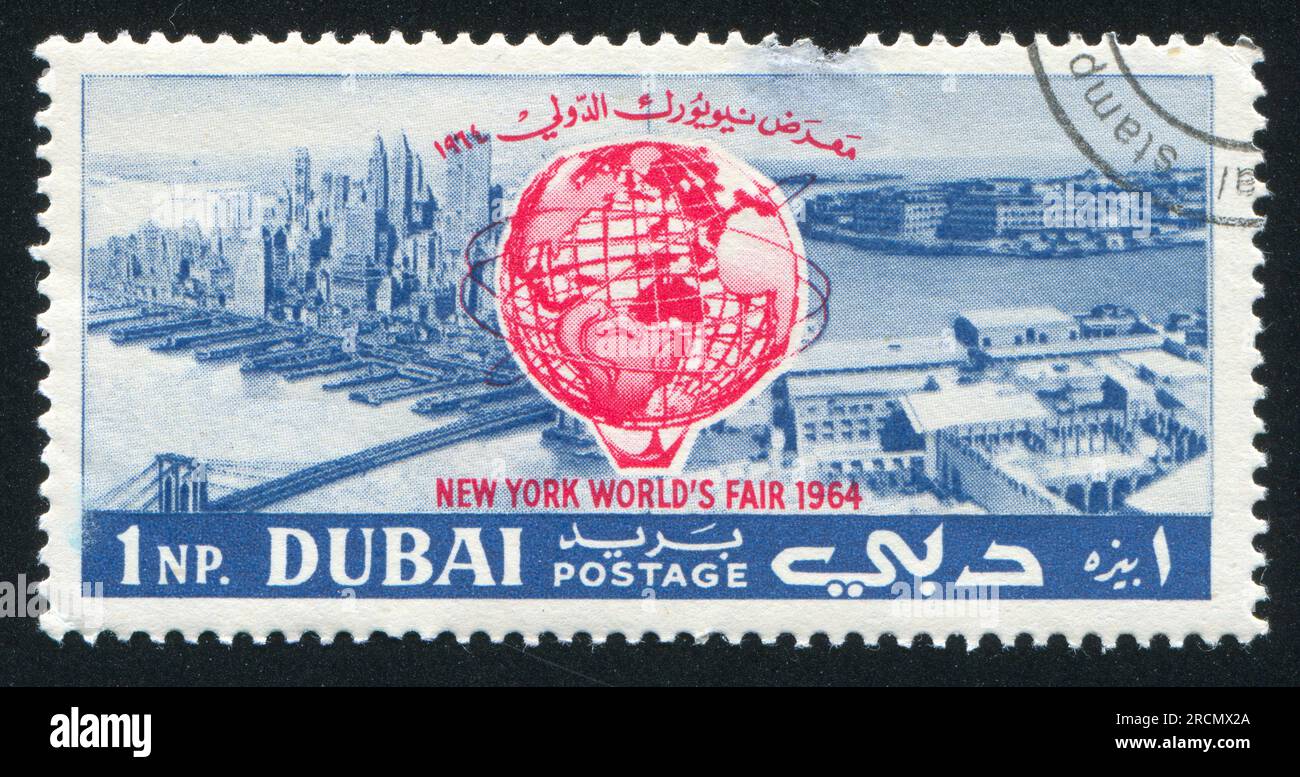 DUBAI - CIRCA 1964: stamp printed by Dubai, shows New York and Emblem ...