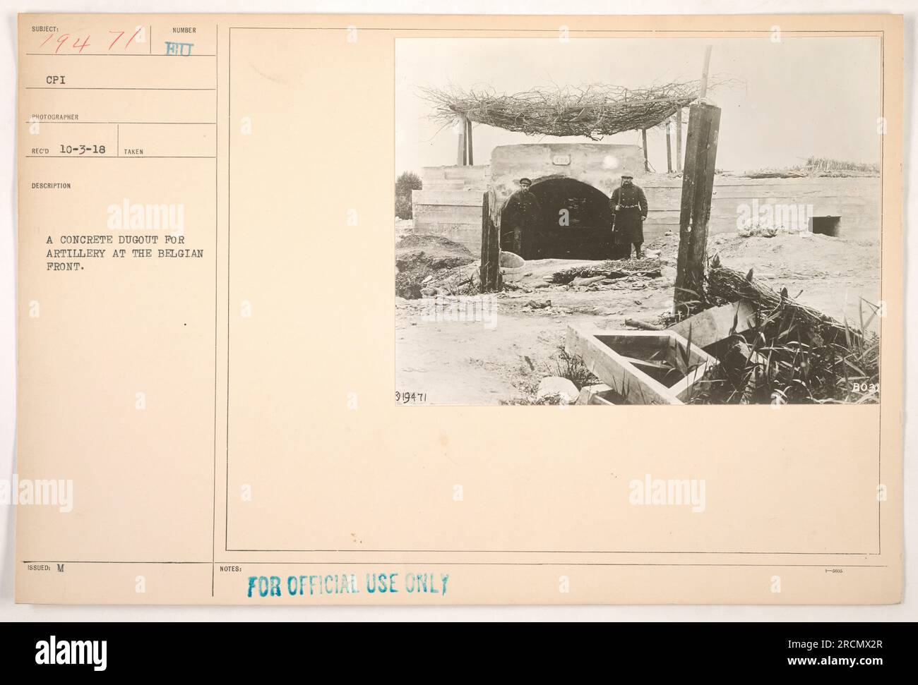 Image shows a concrete dugout used by artillery at the Belgian front ...