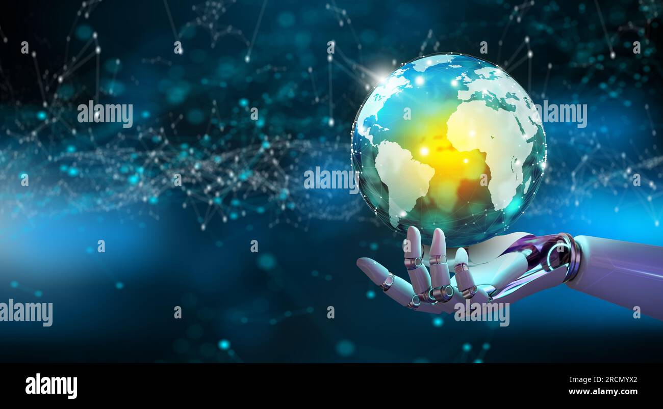 Ai Robot hand holding crystal digital world. Global network connection ...