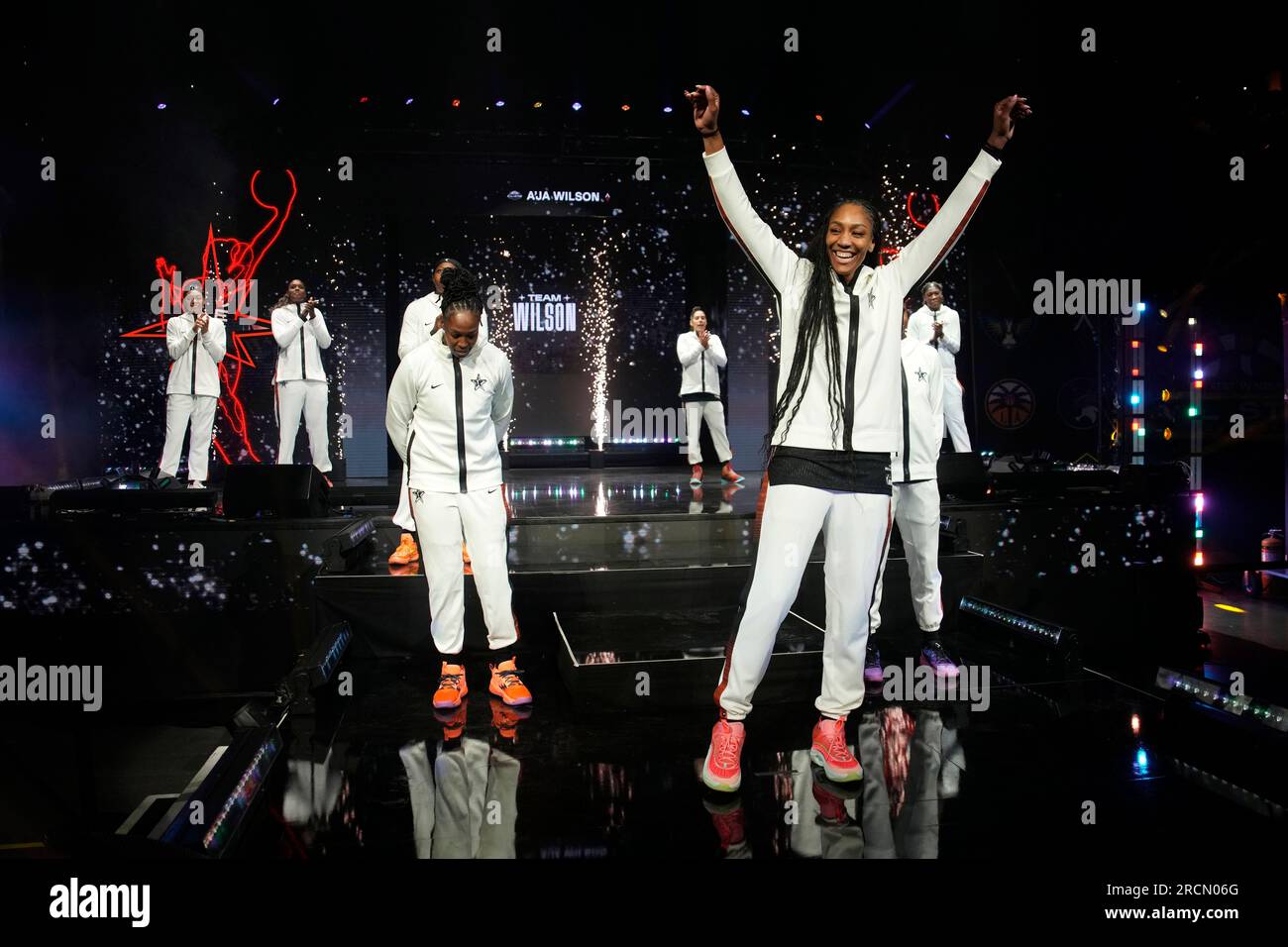 Las Vegas Aces' A'ja Wilson, of Team Wilson, reacts as she is ...