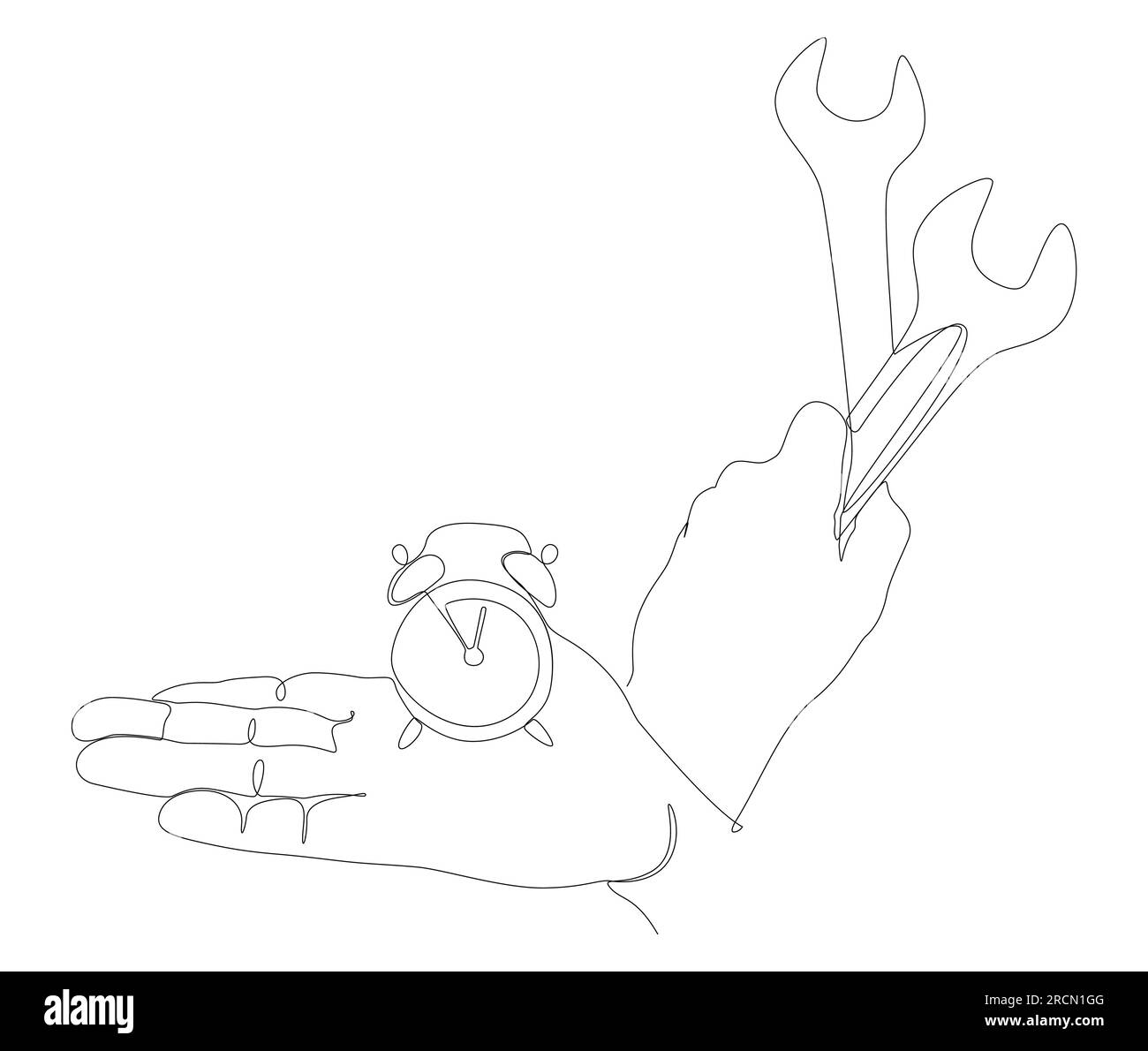 One continuous line of alarm clock with Wrench. Thin Line Illustration ...
