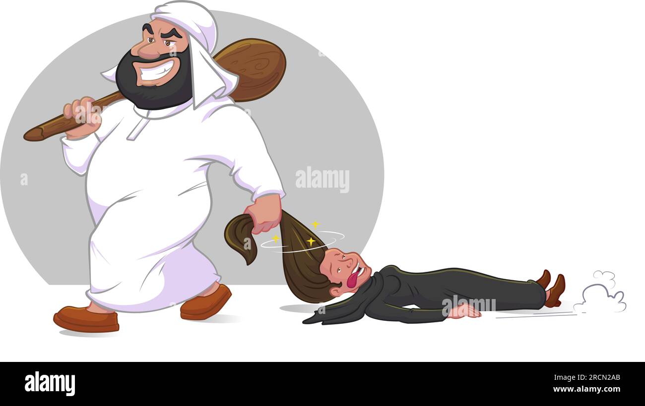cartoon vector illustration of a Muslim man with beat-up wife Stock ...