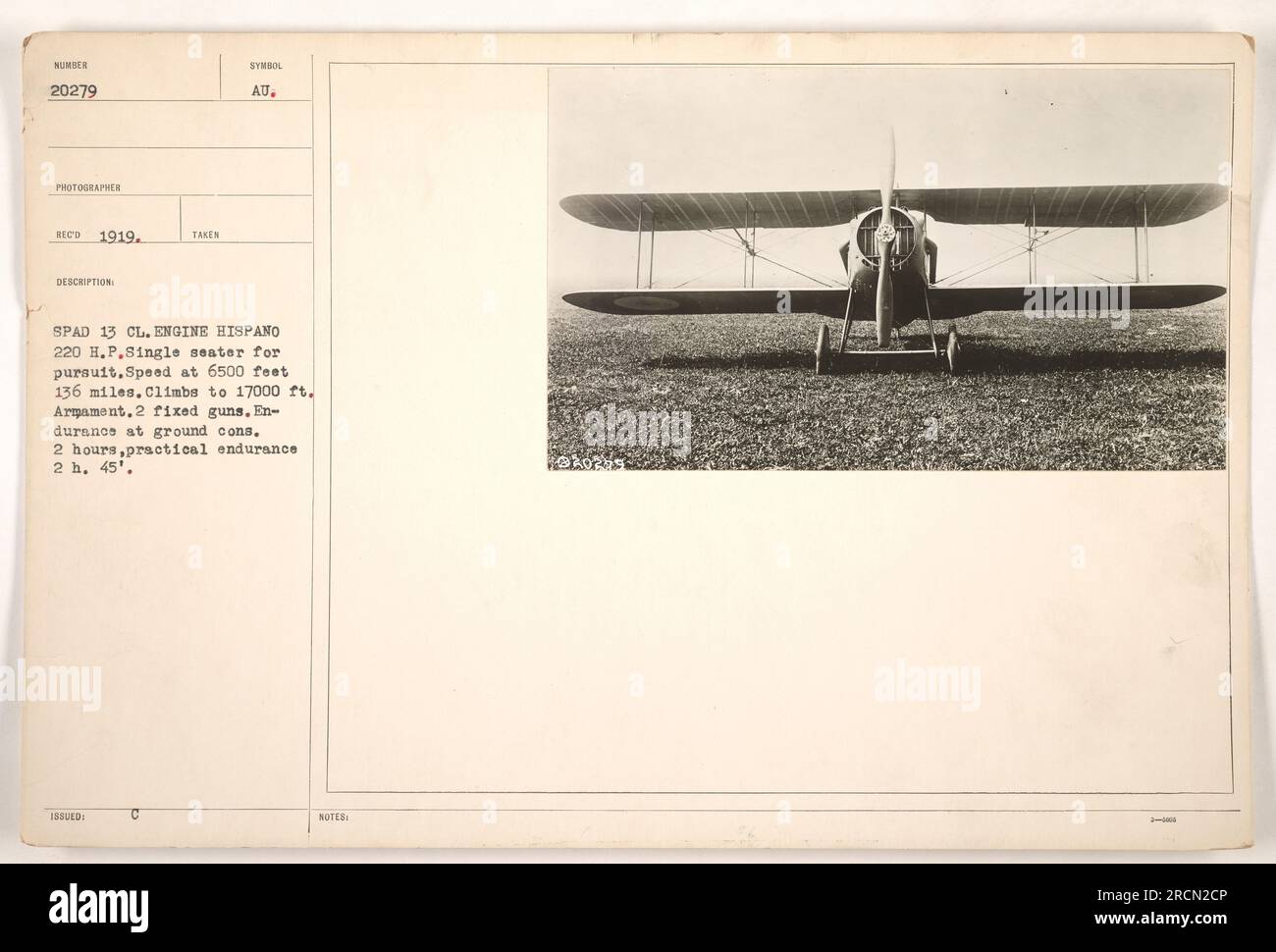 An image of a SPAD 13 CL aircraft, taken in 1919. This aircraft is a ...