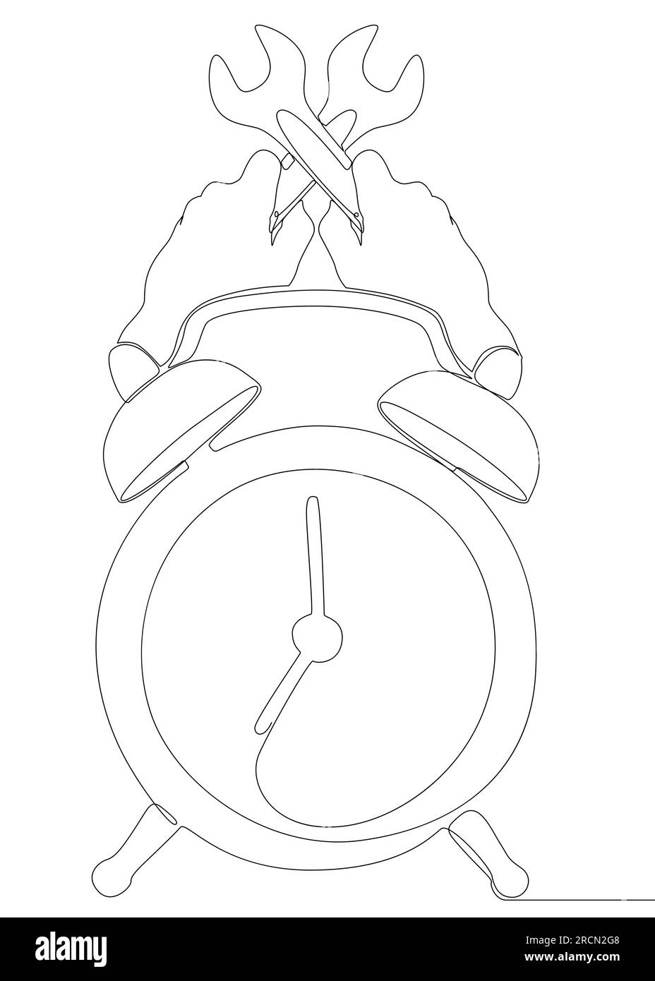 One continuous line of alarm clock with Wrench. Thin Line Illustration vector concept. Contour ...