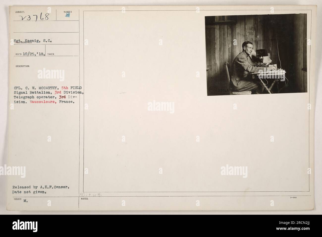 CPL. C. W. McCarthy, a telegraph operator for the 5th Field Signal ...