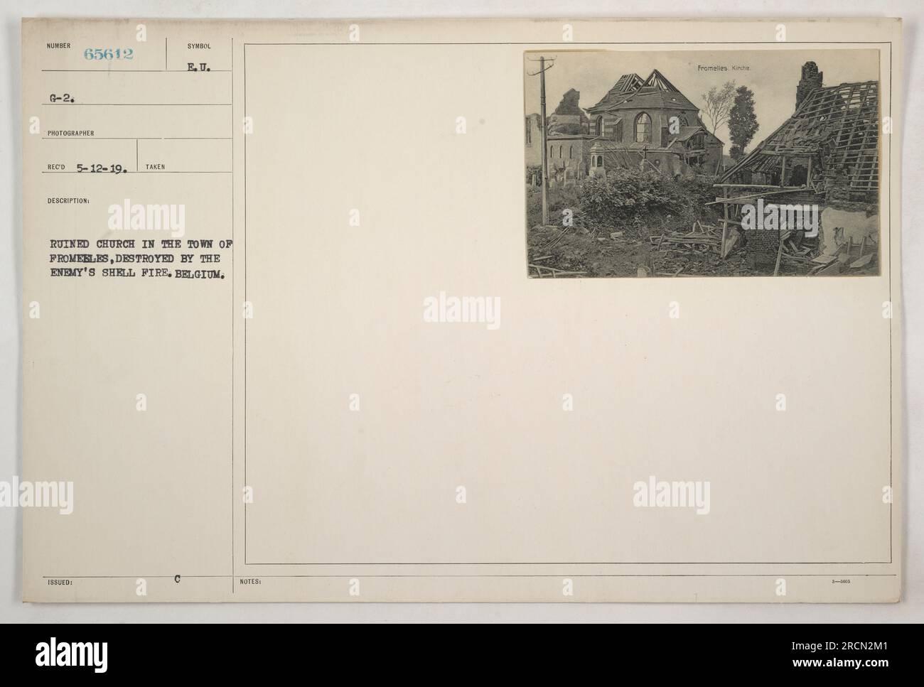 Ruined church in the town of Fromelles, Belgium, destroyed by enemy ...