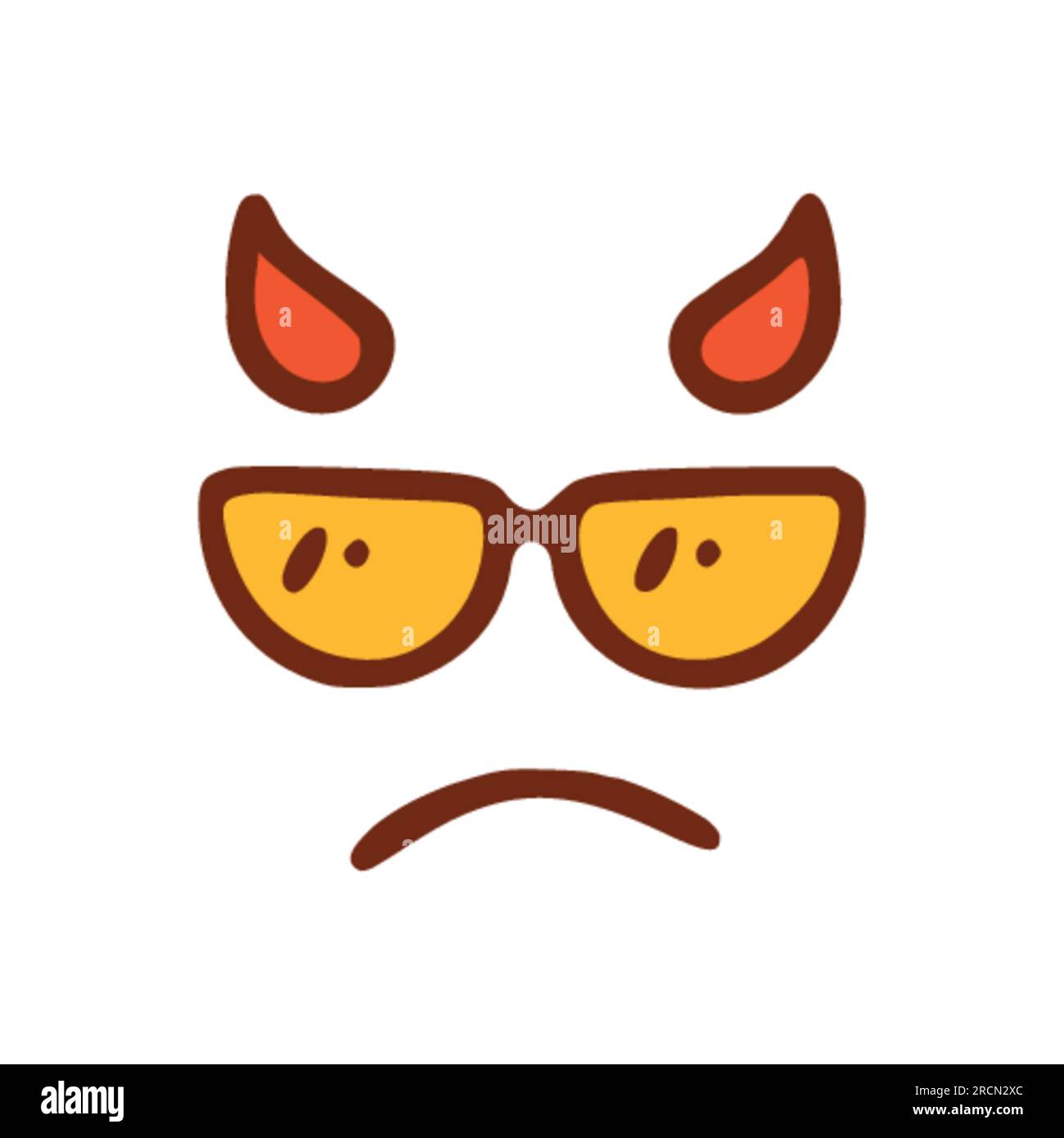 Sad devil with glasses face doodle icon. Emoticon in hand drawn style ...