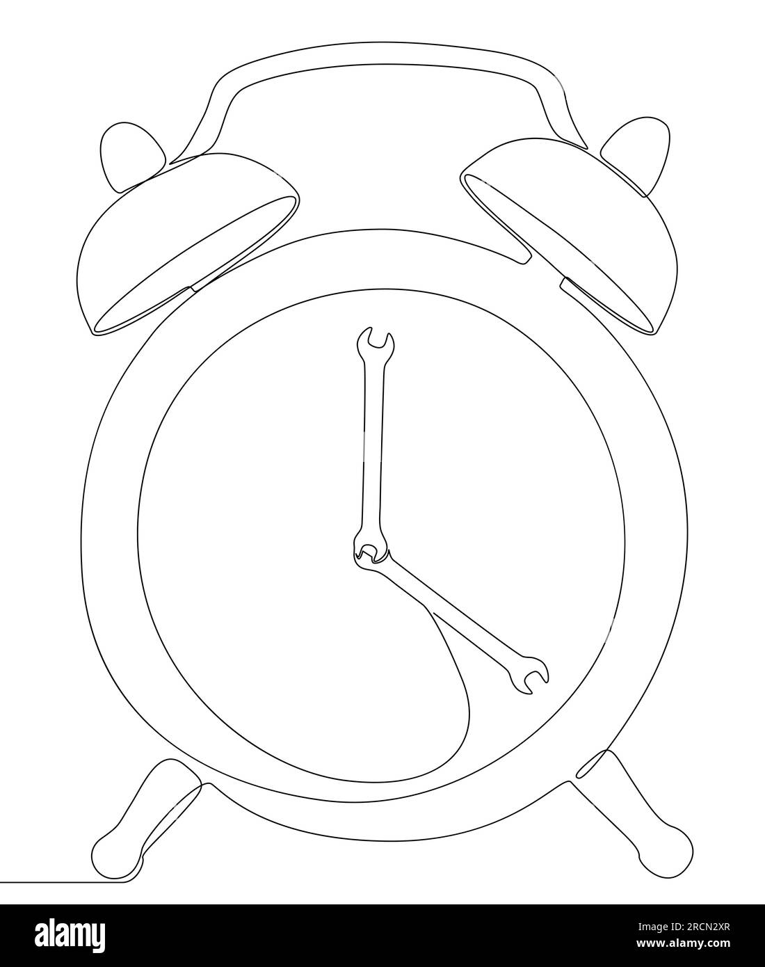 One continuous line of alarm clock with Wrench. Thin Line Illustration ...