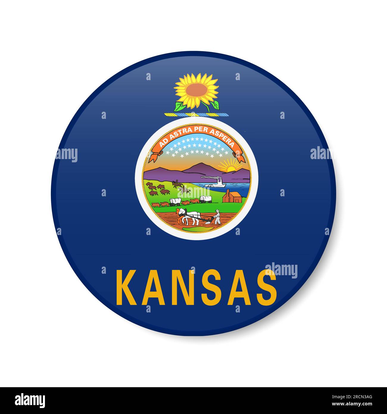 Kansas flag circle button icon, US state round badge with shadow. 3D ...