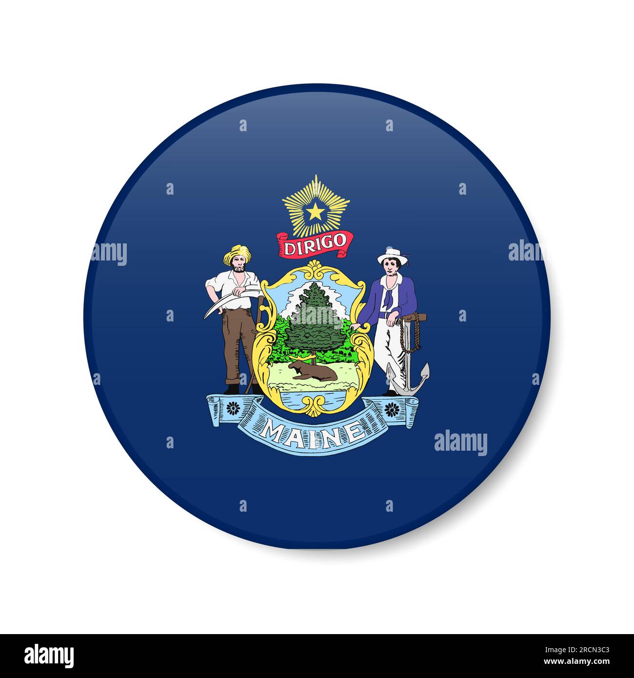 Maine flag circle button icon, US state round badge with shadow. 3D ...