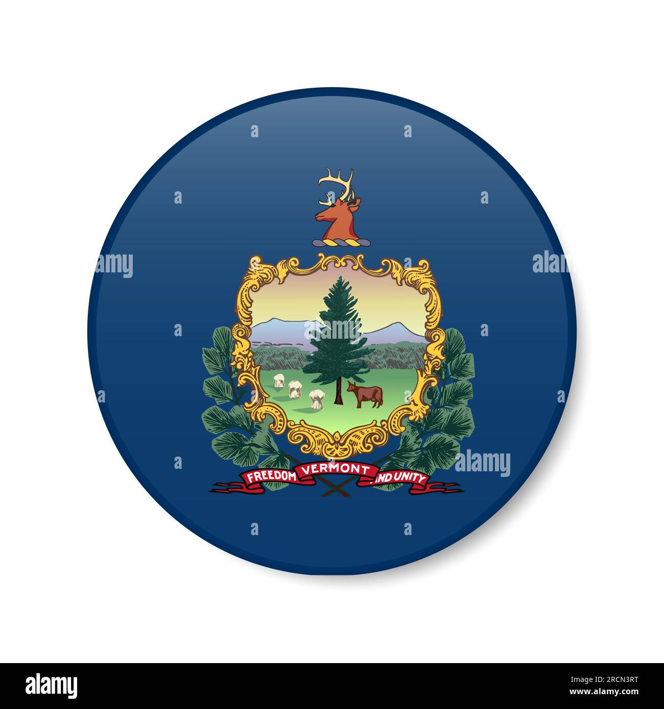 Vermont flag circle button icon, US state round badge with shadow. 3D ...