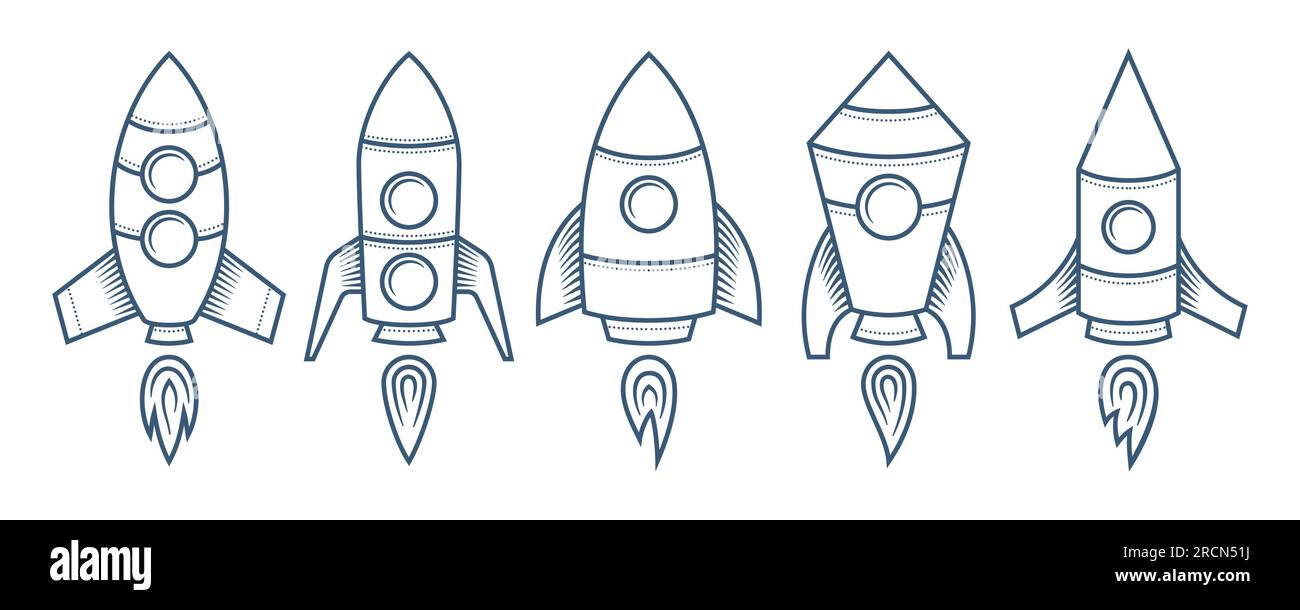 A set of rockets taking off with flames escaping from nozzles in ...