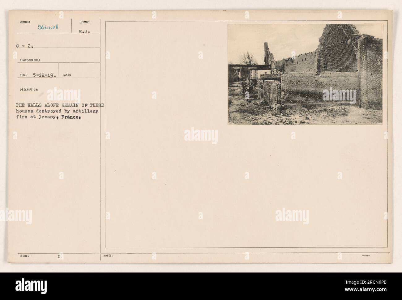 Remnants of destroyed houses in Cressy, France resulting from artillery ...