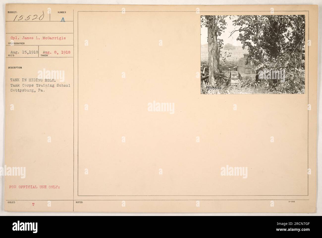 A tank in hiding hole at the Tank Corps Training School in Gettysburg ...