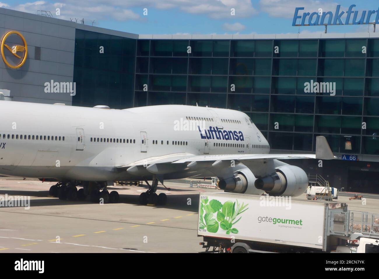Lufthansa 747-800 at gate at Frankfurt airport in Germany Stock Photo ...