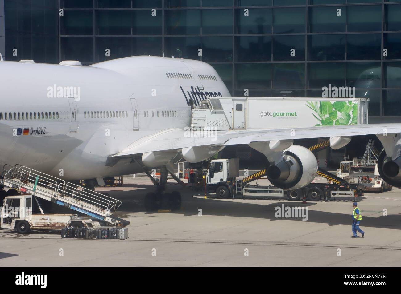 Lufthansa 747-800 at gate at Frankfurt airport in Germany Stock Photo ...