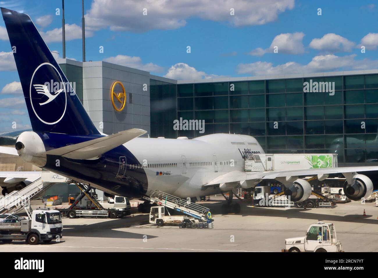 Lufthansa 747-800 at gate at Frankfurt airport in Germany Stock Photo ...