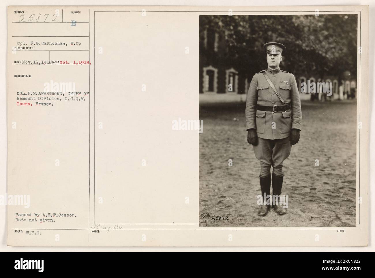 Colonel F.S. Armstrong, Chief of Remount Division, 0.0.0.M., Tours ...