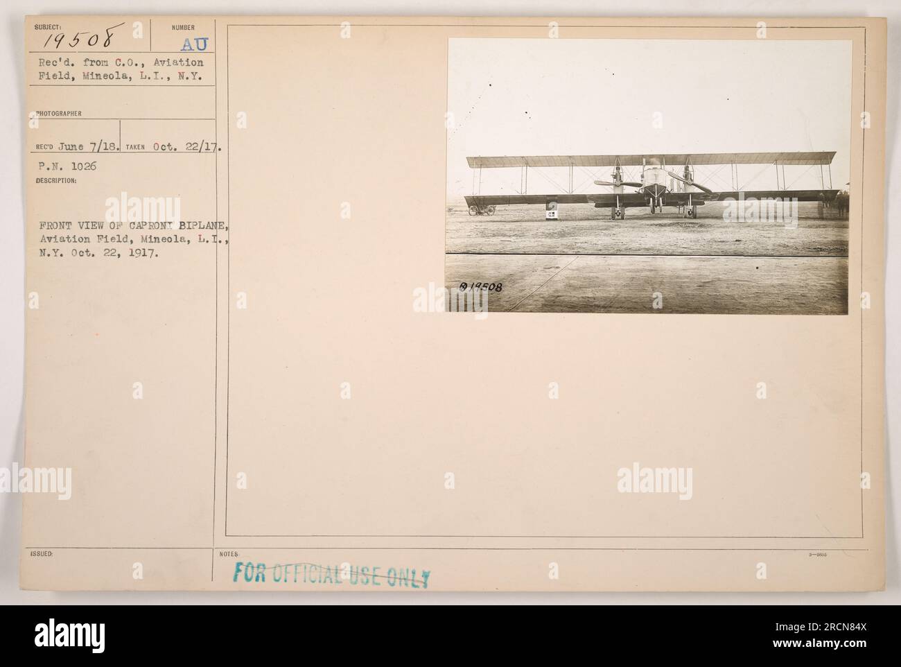 Front view of a Caproni biplane at the Aviation Field in Mineola, L.I ...
