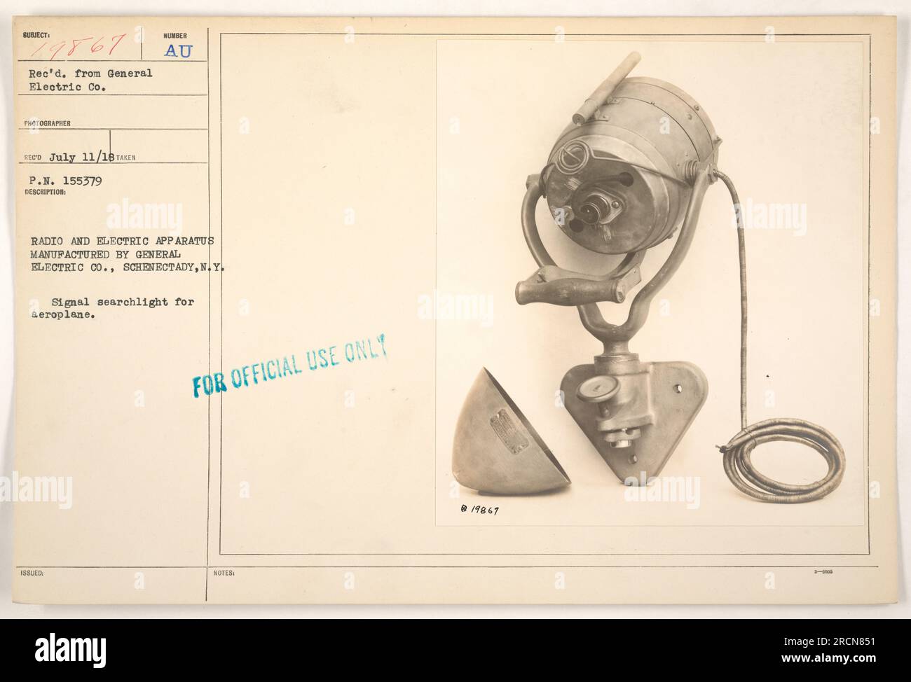 “Official photo of a signal searchlight mounted on a military airplane ...