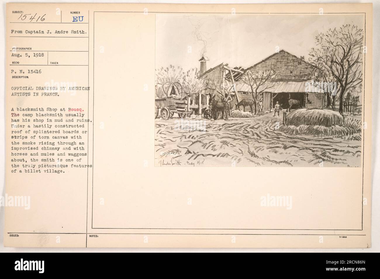Blacksmith in a makeshift shop at Bouq during World War One. The ...