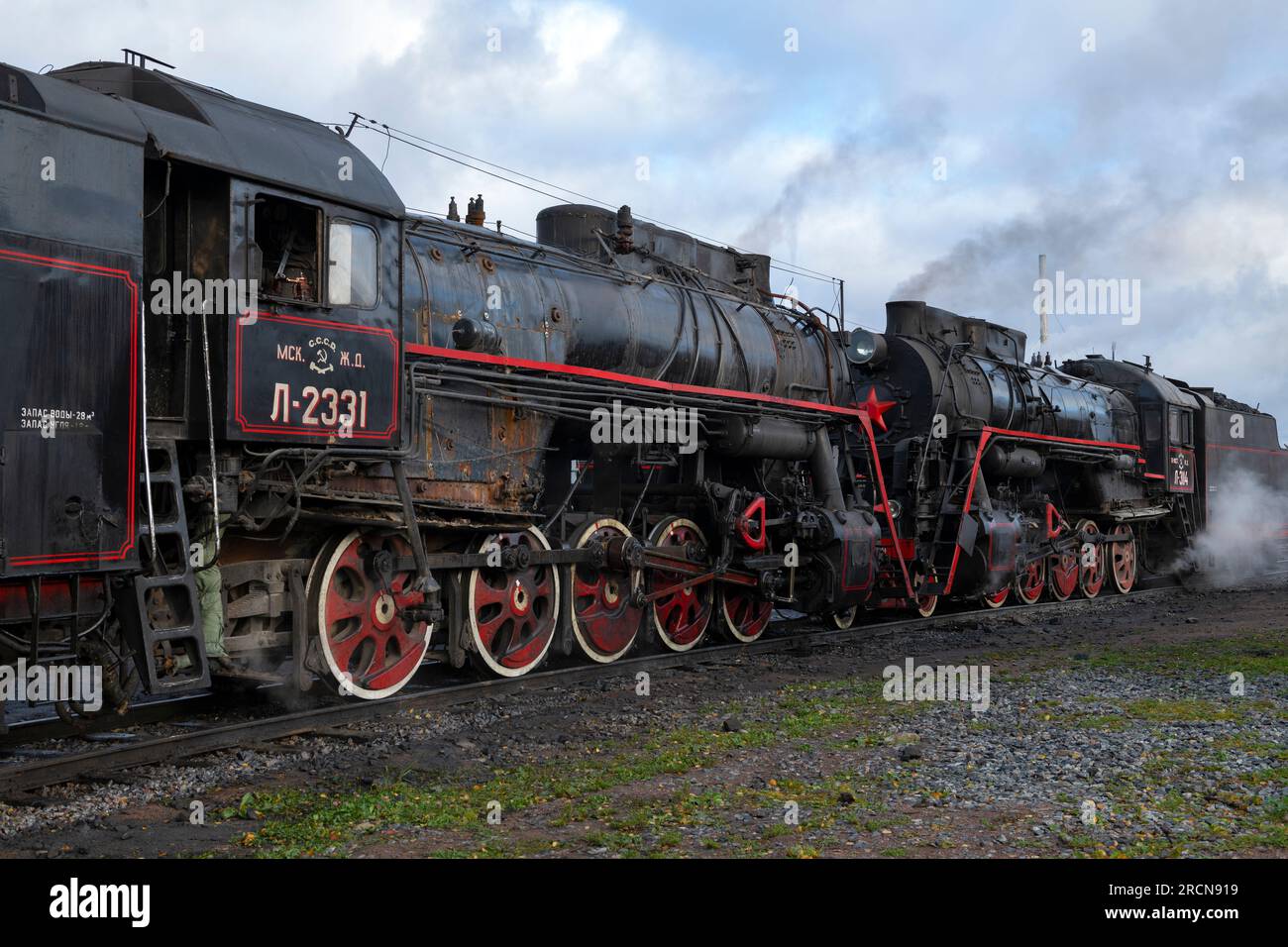 Two old steam locomotives of "L" series stand on the Sortavala station ...