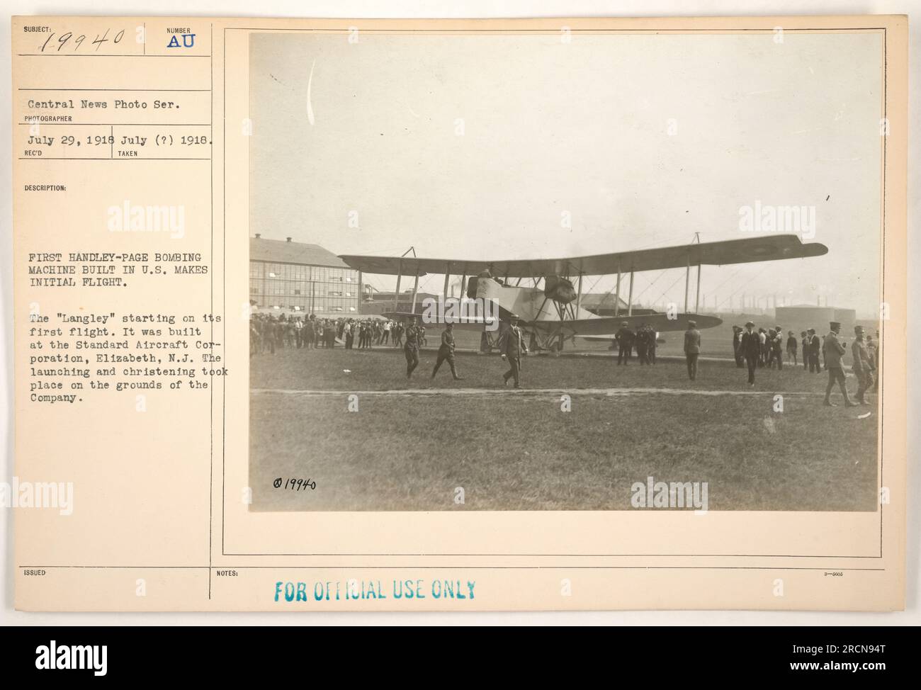 "Langley" Handley-Page bombing machine, built by Standard Aircraft ...