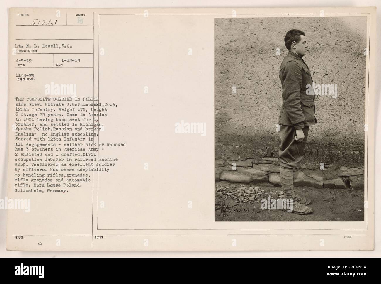 The photo depicts a side view of Private J. Borzimowski, a Polish ...