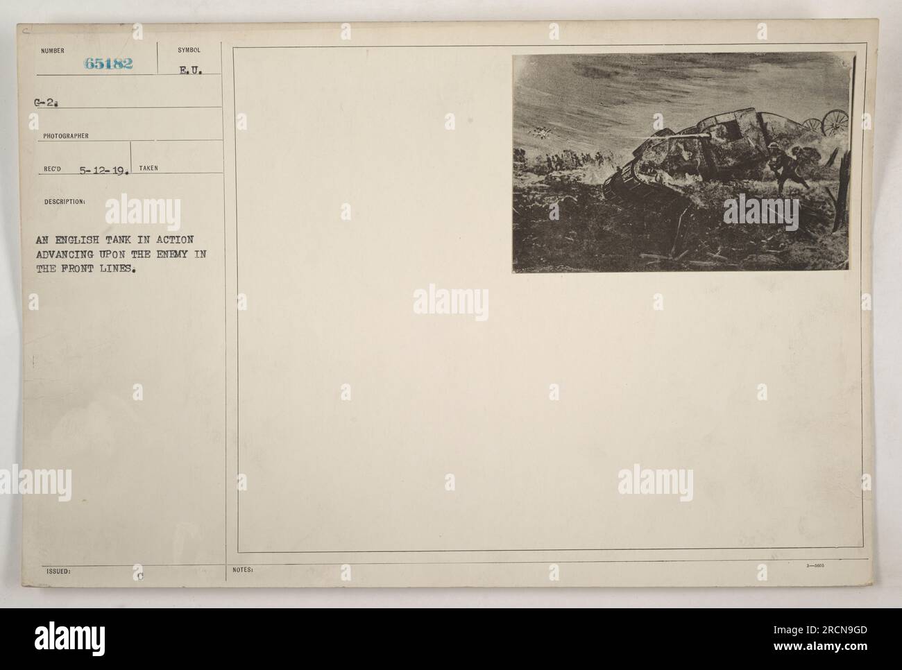 English tank advancing on the front lines during World War One. This ...