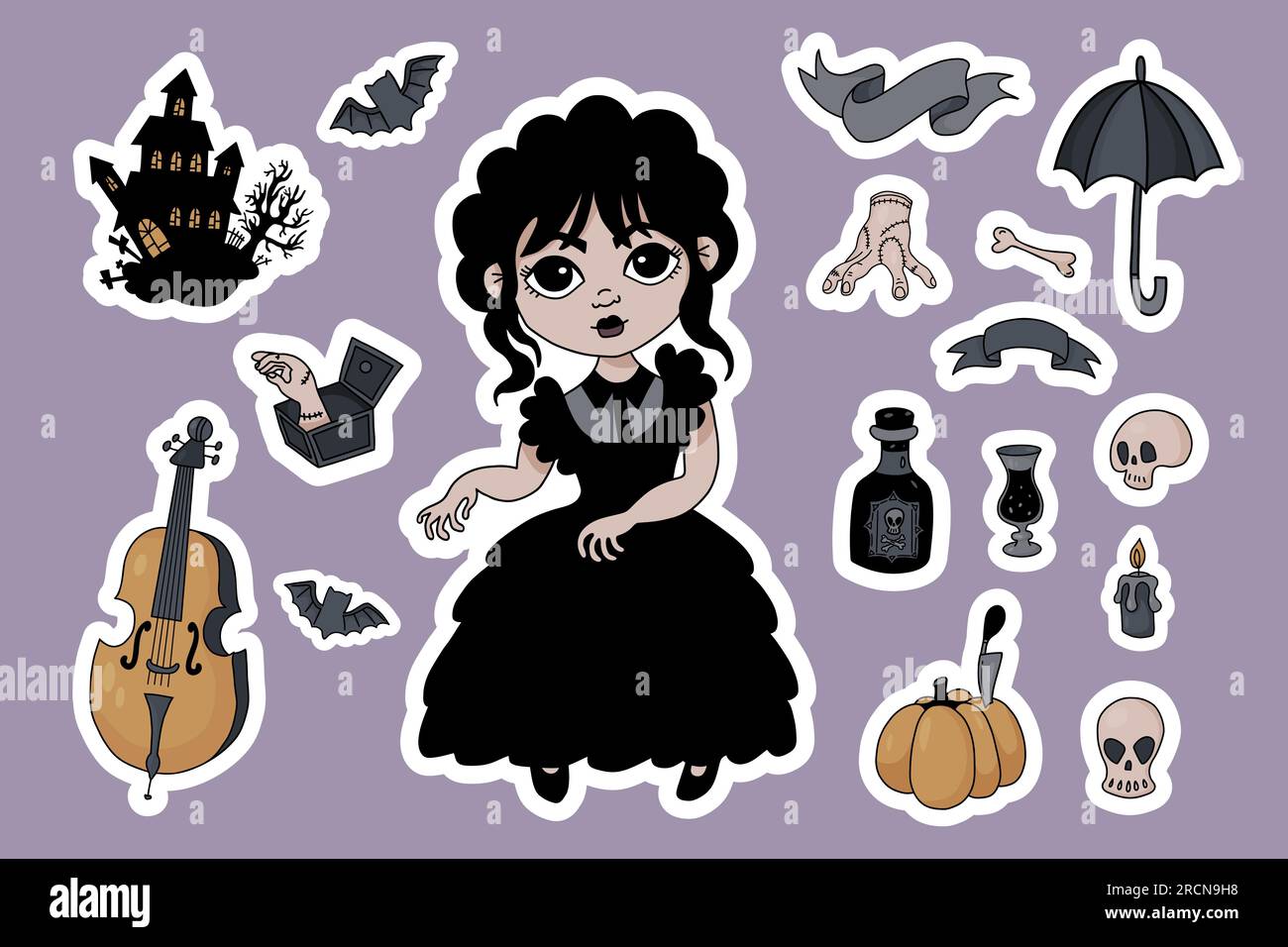 Halloween stickers. Creepy mystical house with bat, cello, rum, skull ...