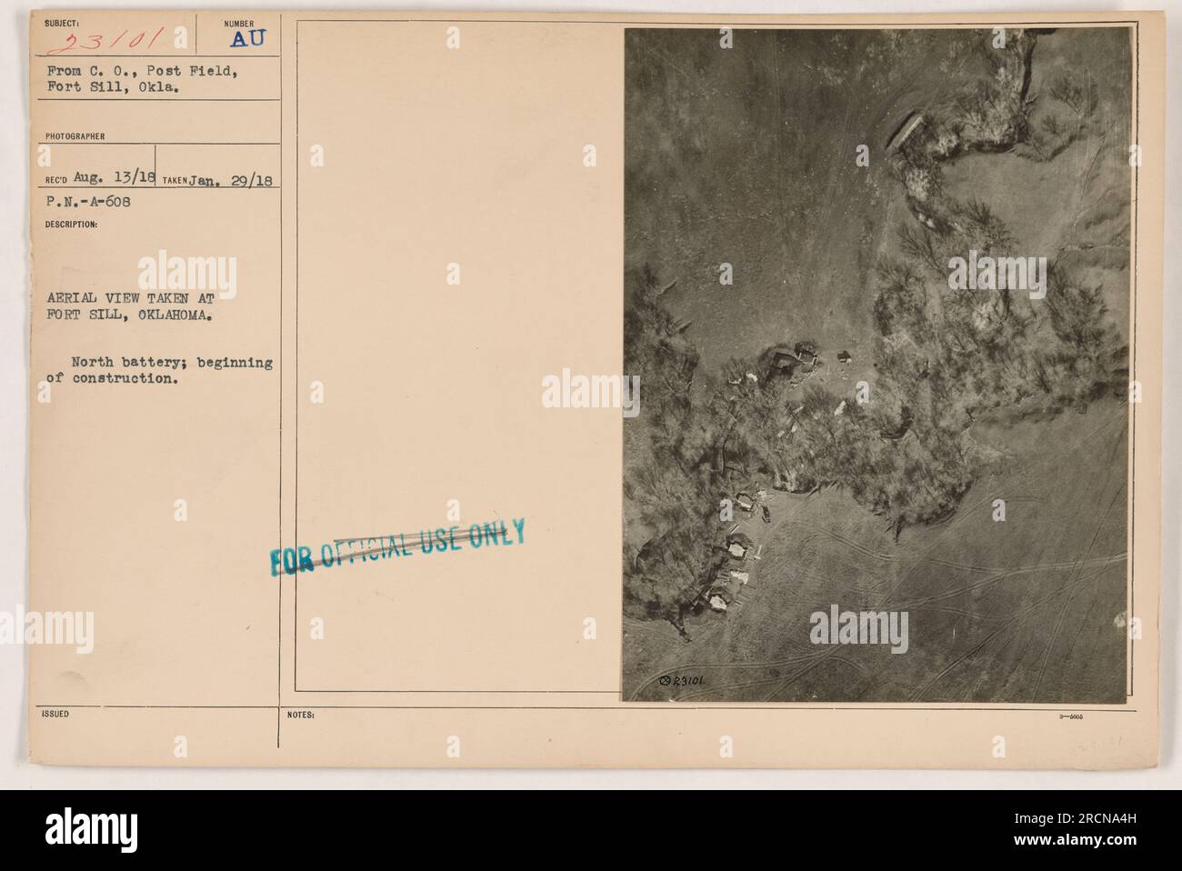 Aerial view taken at Fort Sill, Oklahoma, showing the beginning of ...
