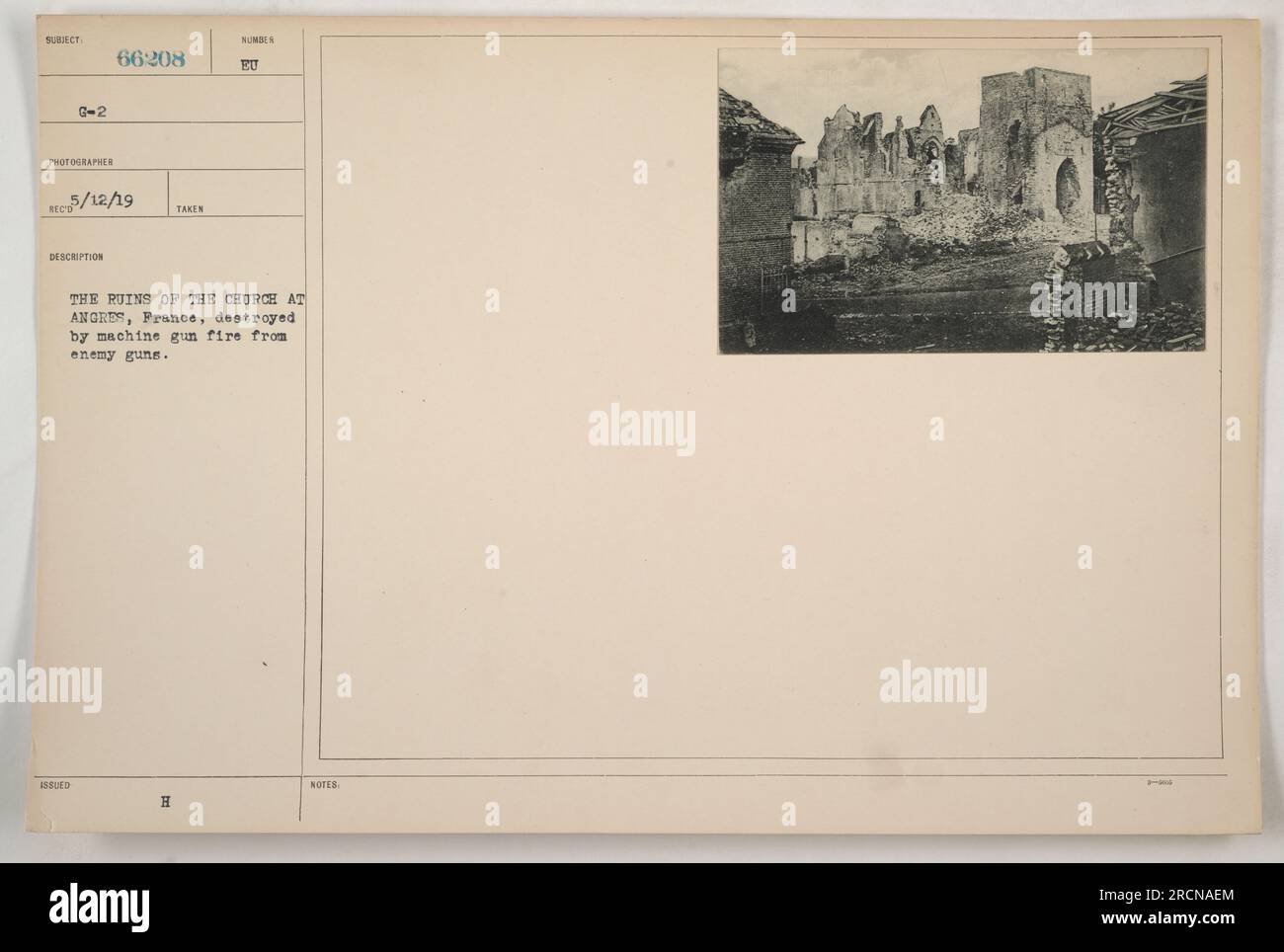 The ruins of a church in Angres, France, photographed during World War ...