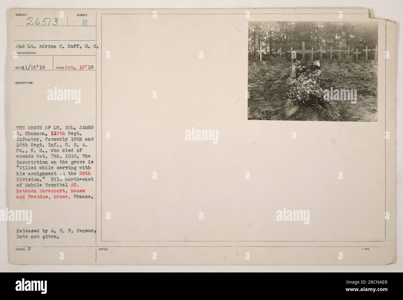 2nd Lt. Adrian C. Duff captured this photograph on October 10, 1918. The image shows the grave ...