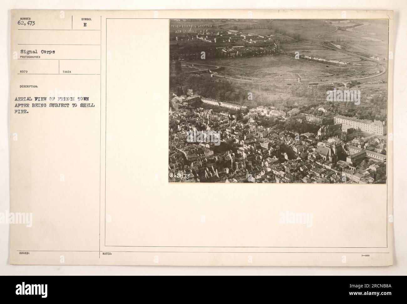 Aerial view of a French town showing the aftermath of shell fire during ...