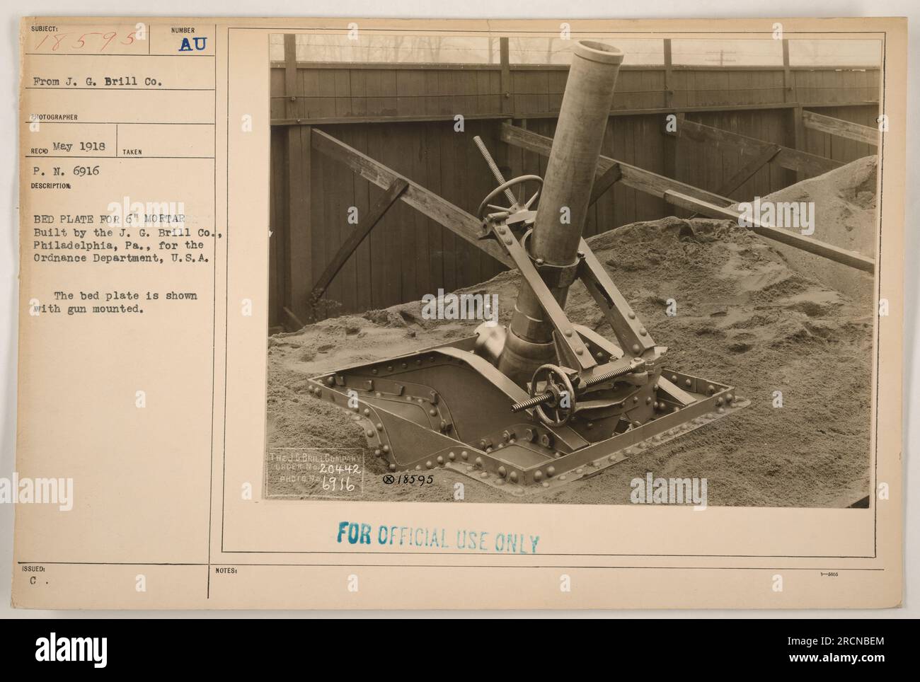 Image shows a bed plate for a 6" mortar, built by the J. G. Brill Co ...