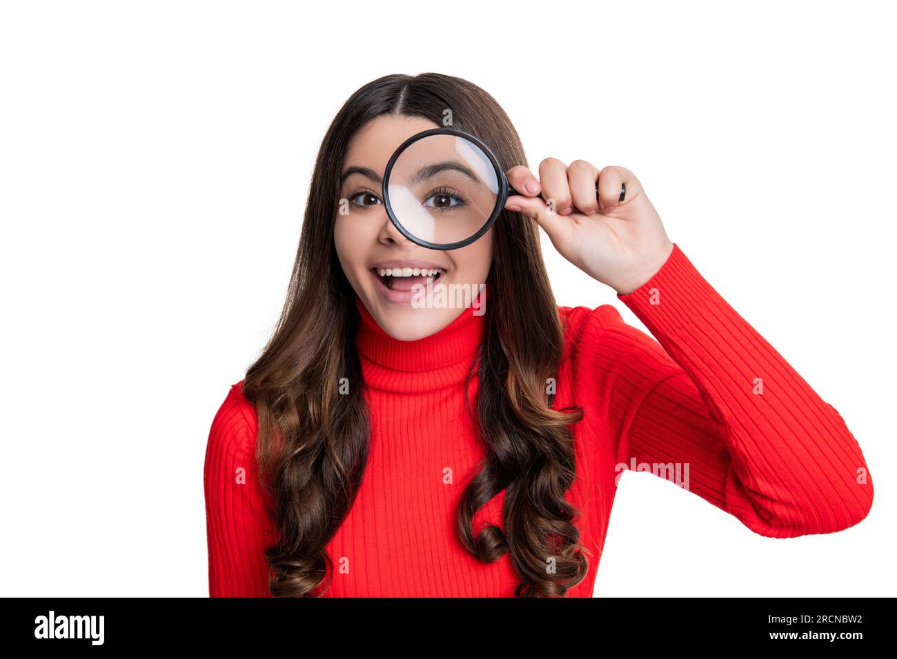 Curious mind. teen girl use magnifying glass for curiosity. school ...