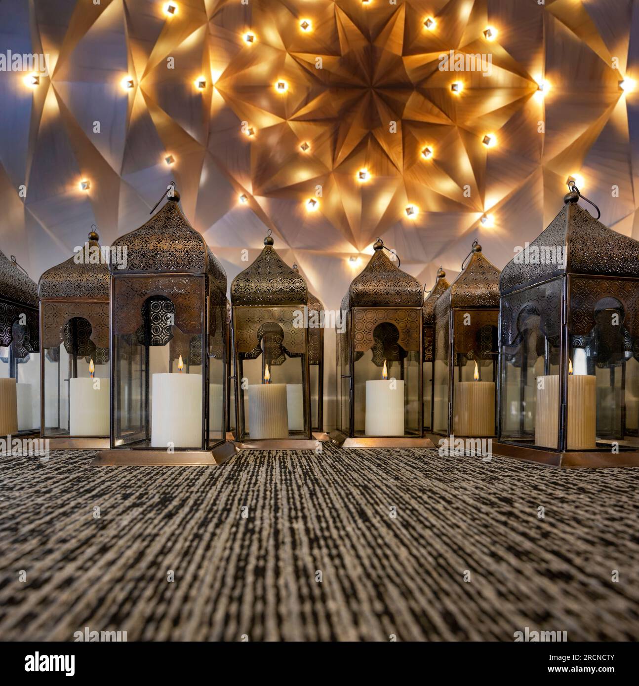 group of traditional arabic lanterns, candles with flames burning Stock ...